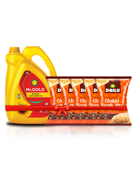 May Day Mega Saver Combo (Mr. Gold Sunflower oil 5L, Daily Aata (1kg*5 ...